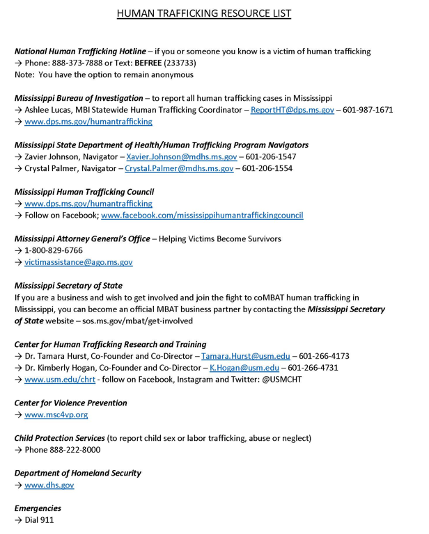 Human Trafficing Resource List | Mississippi State Board of Massage Therapy